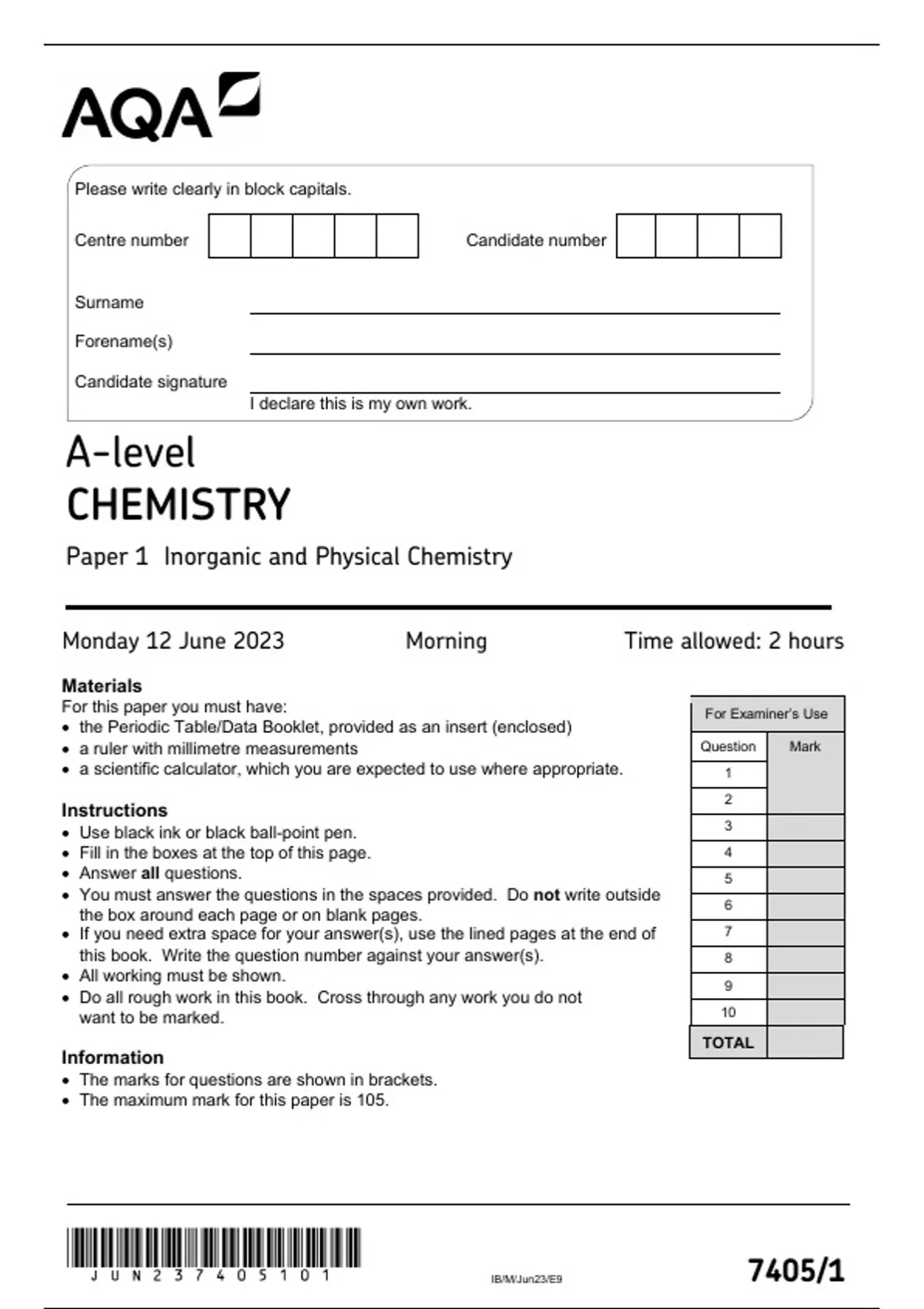 AQA A LEVEL CHEMISTRY PAPER 1 QUESTION PAPER JUNE 2023 (7405/1 ...