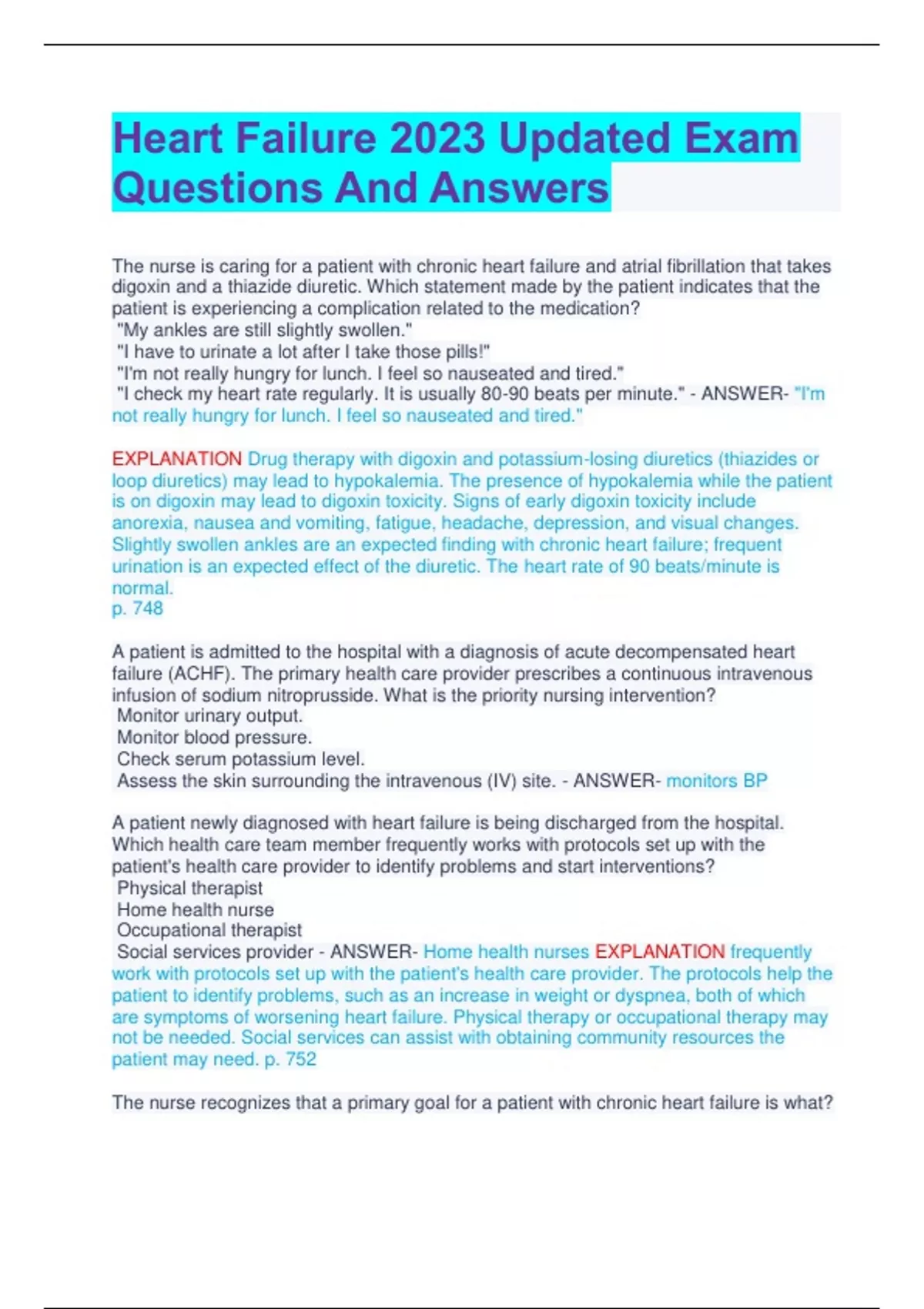 Heart Failure 2023 Updated Exam Questions And Answers - Heart Failure ...
