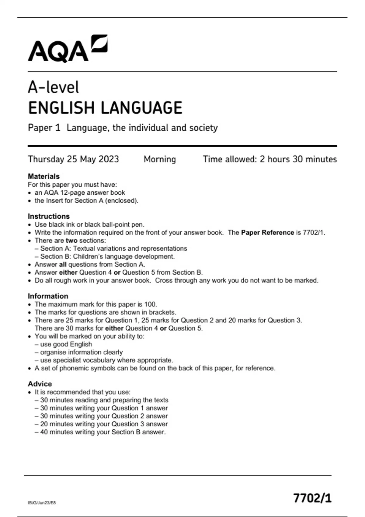 AQA A LEVEL ENGLISH LANGUAGE PAPER 1 QUESTION PAPER 2023(7702/1 ...