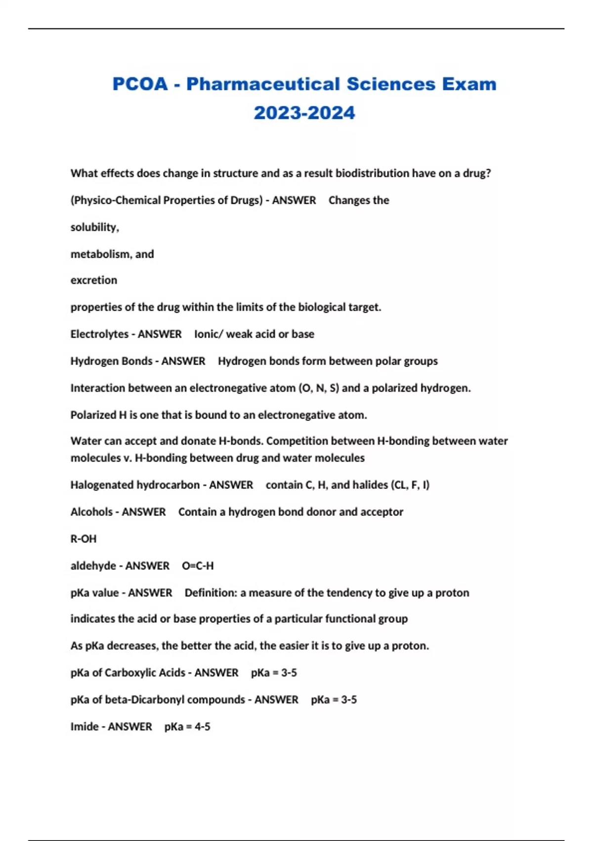 PCOA - Pharmaceutical Sciences Exam - PCOA - Pharmaceutical Sciences ...