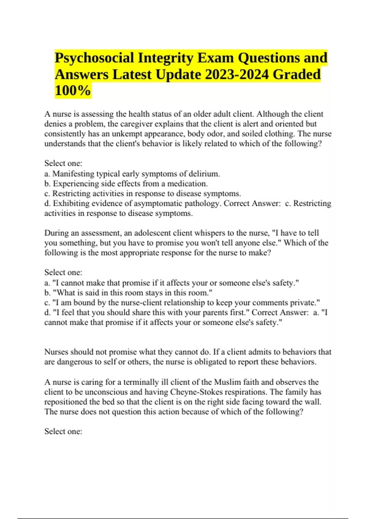 Psychosocial Integrity Exam Questions and Answers Updated Graded A+ ...