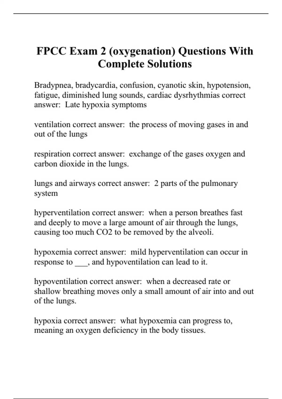 FPCC Exam 2 (oxygenation) Questions With Complete Solutions - FPCC ...