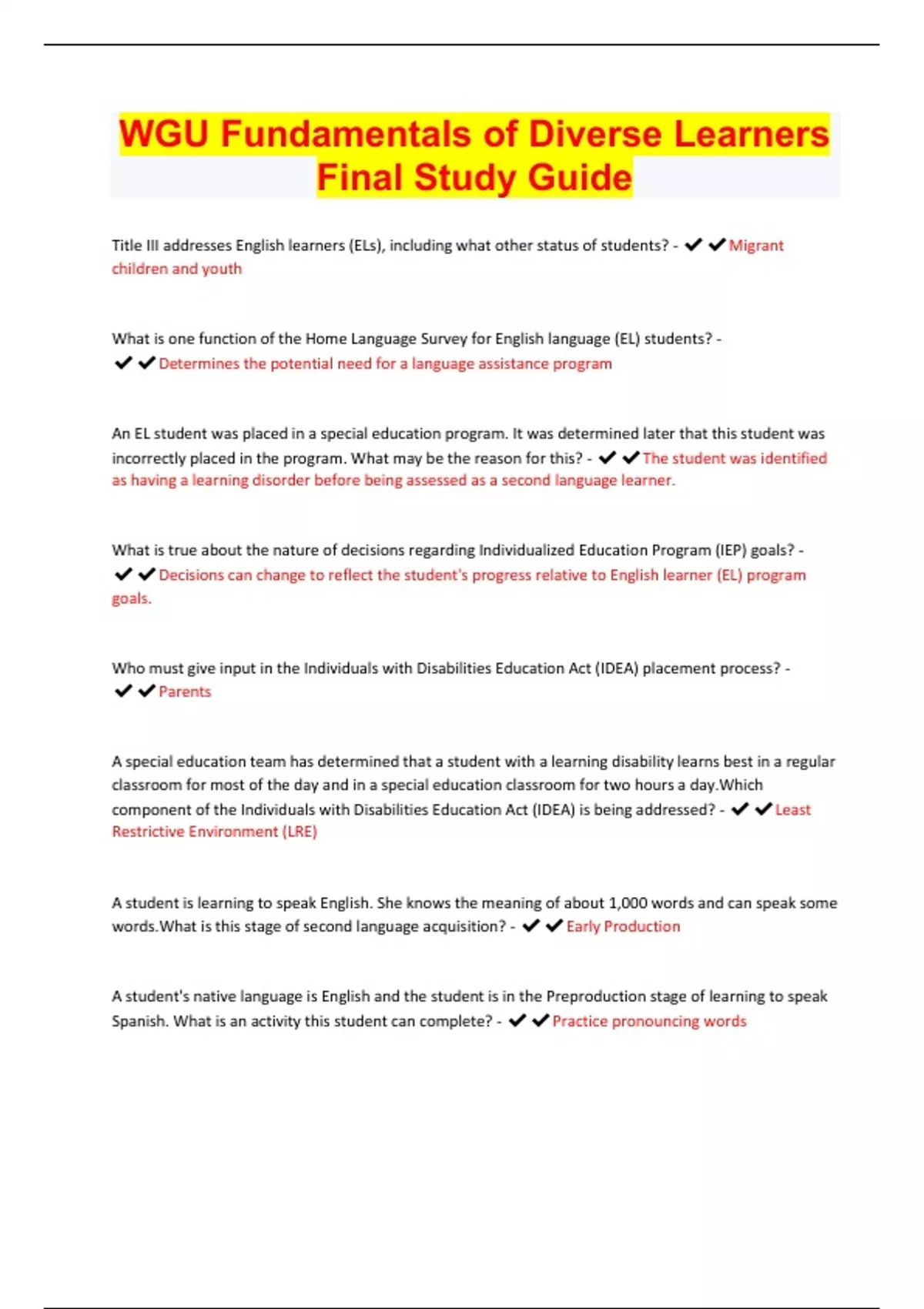 WGU Fundamentals of Diverse Learners Final Study Guide | Latest 2023/24 ...