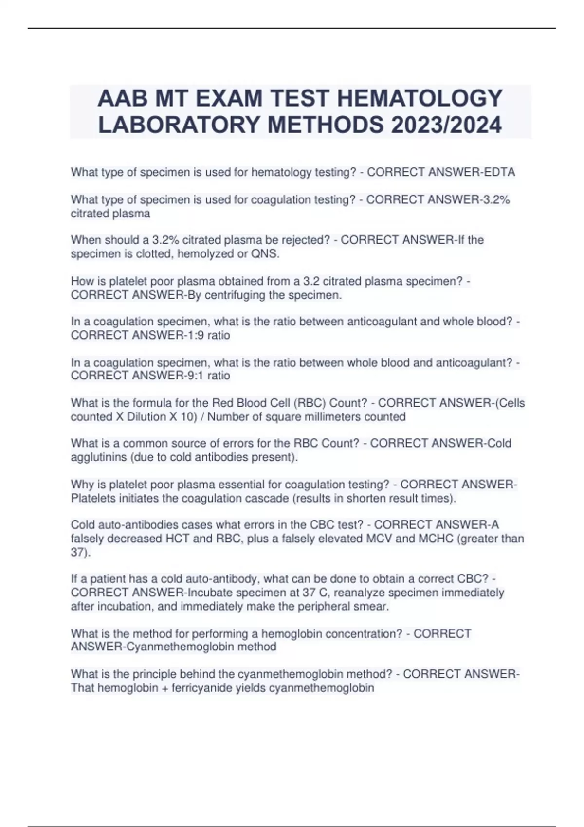 AAB MT EXAM TEST HEMATOLOGY LABORATORY METHODS 2023/2024 - AAB MT ...