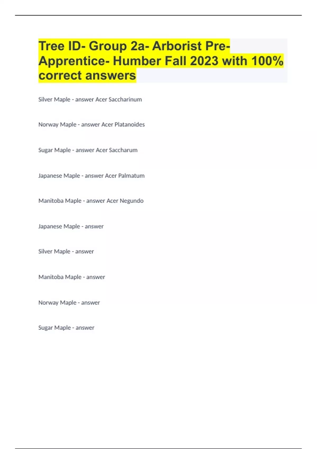Tree ID- Group 2a- Arborist Pre-Apprentice- Humber Fall 2023 with 100% ...