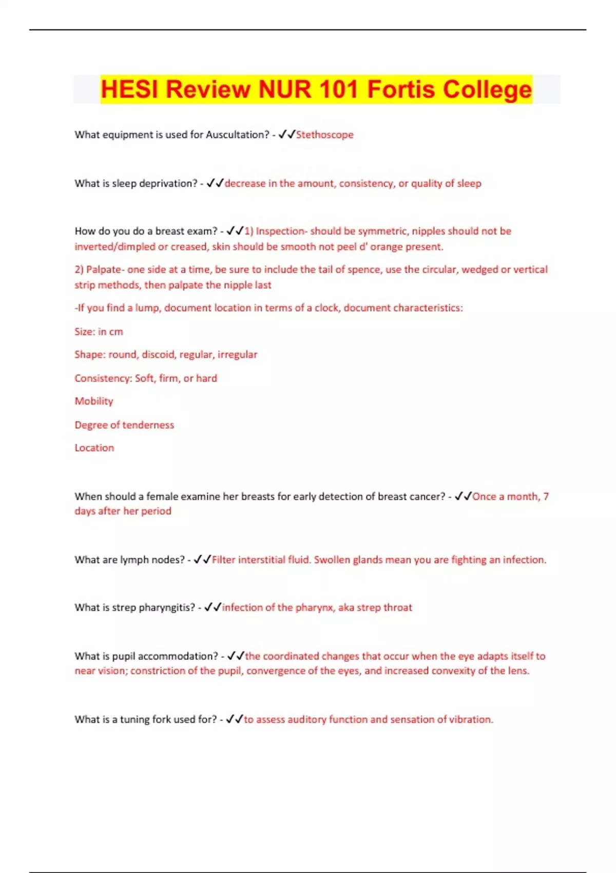 HESI Review NUR 101 Fortis College | Latest 2023/24 | Updated ...