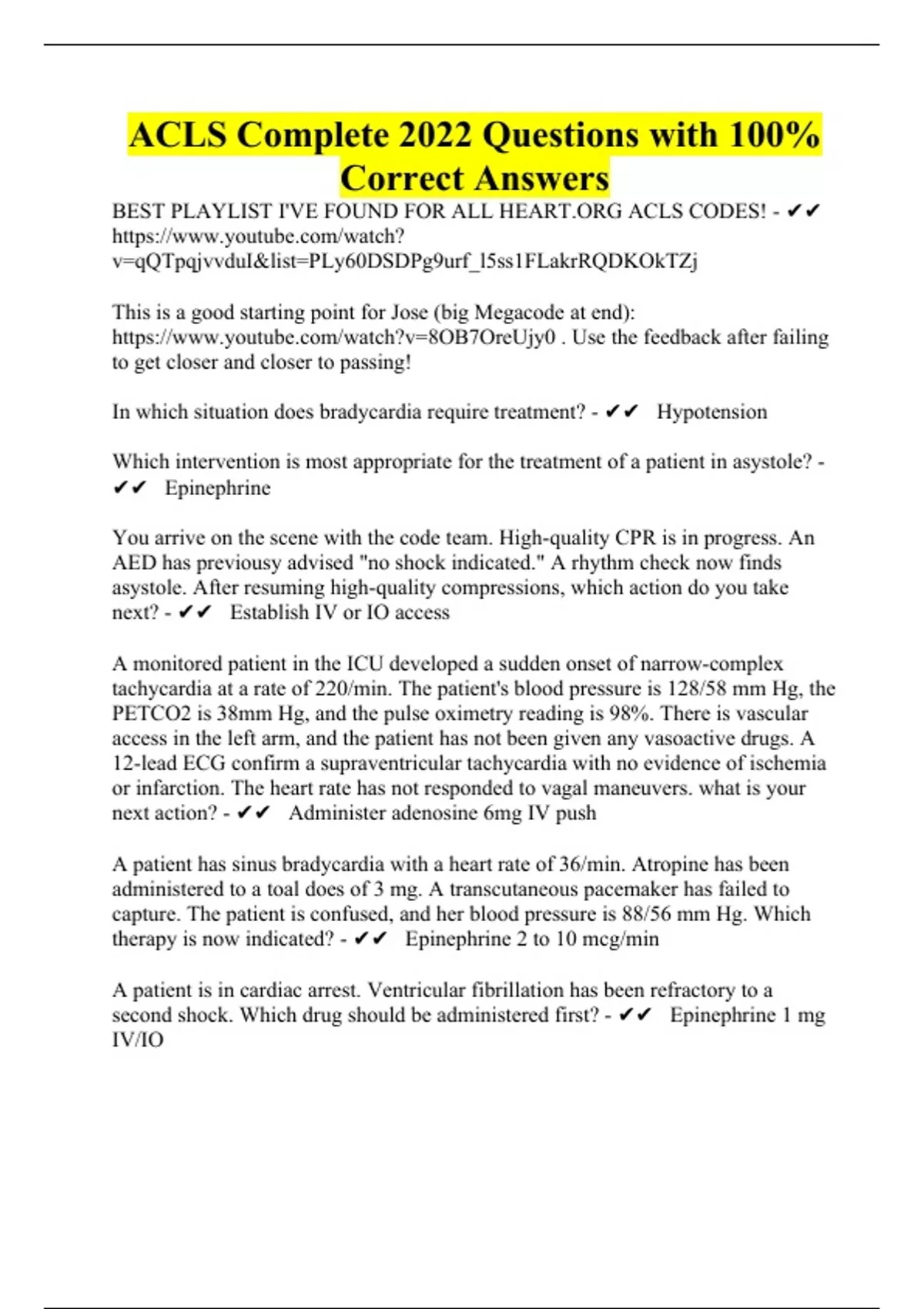 ACLS Written Exam Questions with Correct Solutions - ACLS - Stuvia US