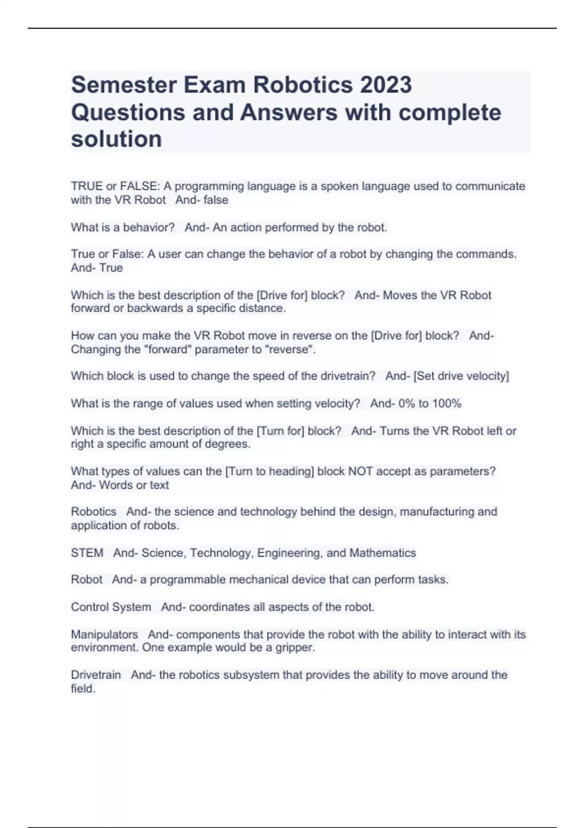 Semester Exam Robotics 2023 Questions And Answers With Complete Solution Robotics Stuvia Us