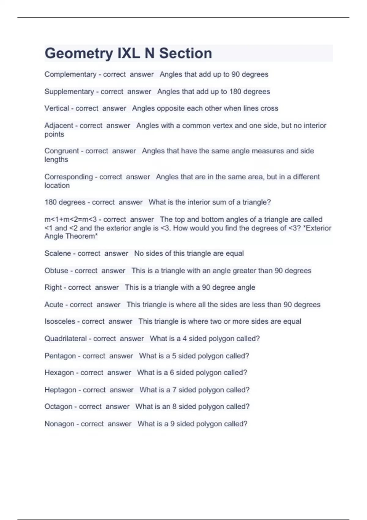 Geometry IXL N Section Question and answers 100% correct 2023 - IXL ...