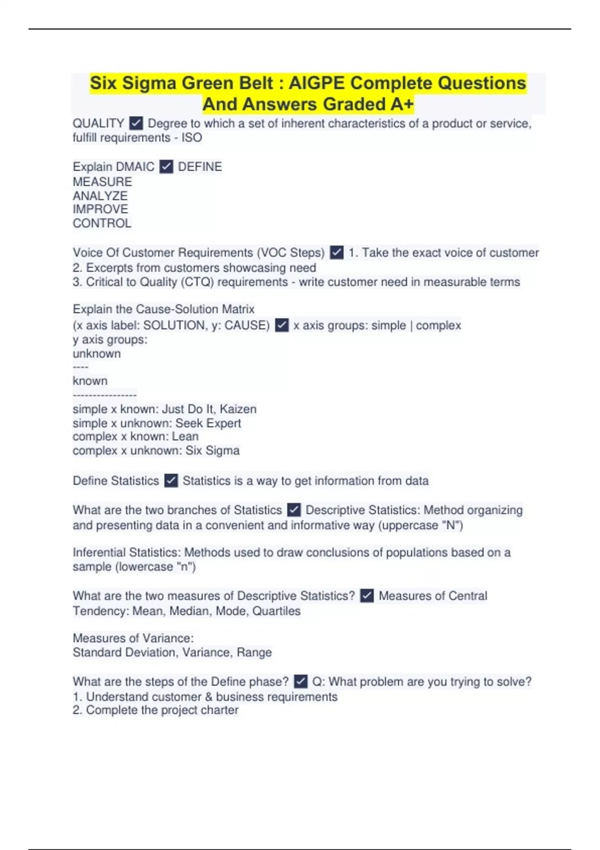 Six Sigma Green Belt : AIGPE Complete Questions And Answers Graded A+ ...