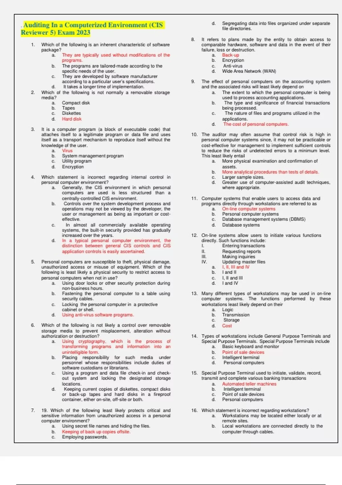 Auditing In a Computerized Environment (CIS Reviewer 5) Exam 2023 - Computer Information Systems ...