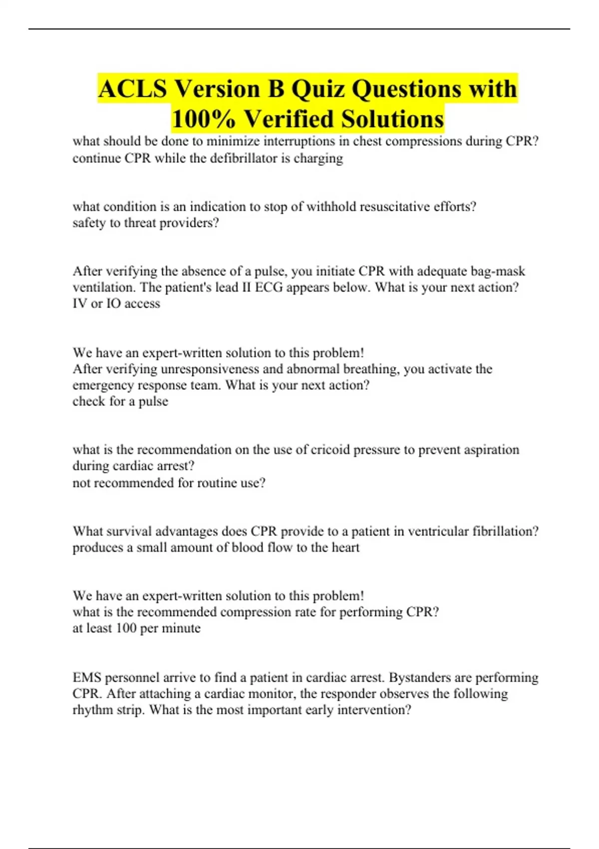 ACLS Version B Quiz Questions with 100% Verified Solutions - ACLS ...