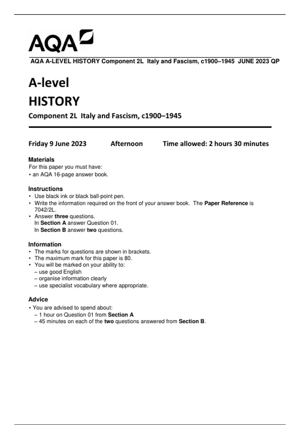 AQA A-LEVEL HISTORY Component 2L Italy and Fascism, c1900–1945 JUNE ...