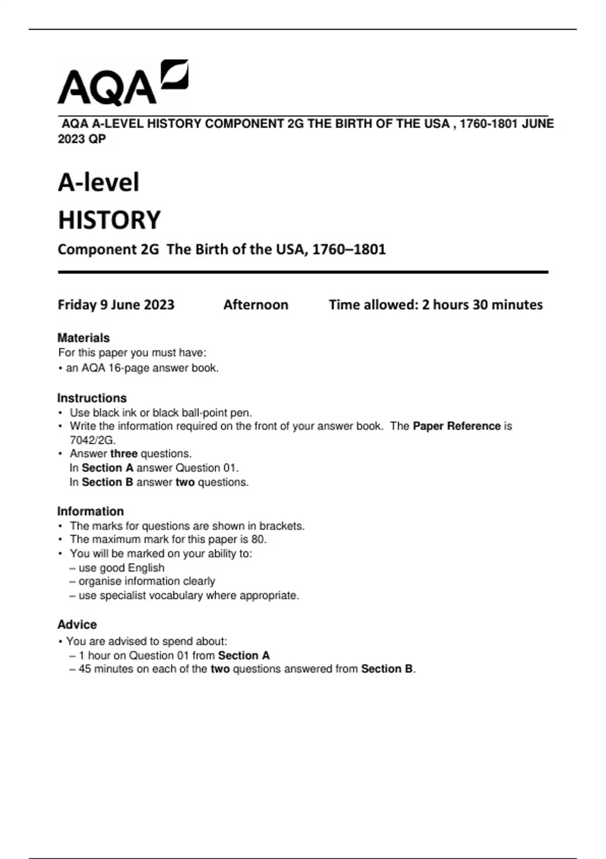 AQA A-LEVEL HISTORY COMPONENT 2G THE BIRTH OF THE USA , JUNE 2023 QP ...