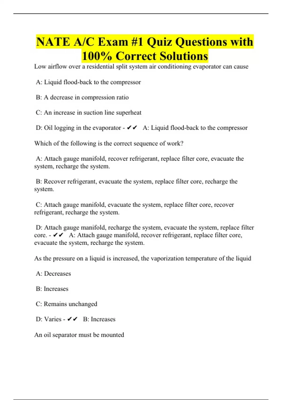 NATE A/C Exam #1 Quiz Questions with 100% Correct Solutions - NATE ...
