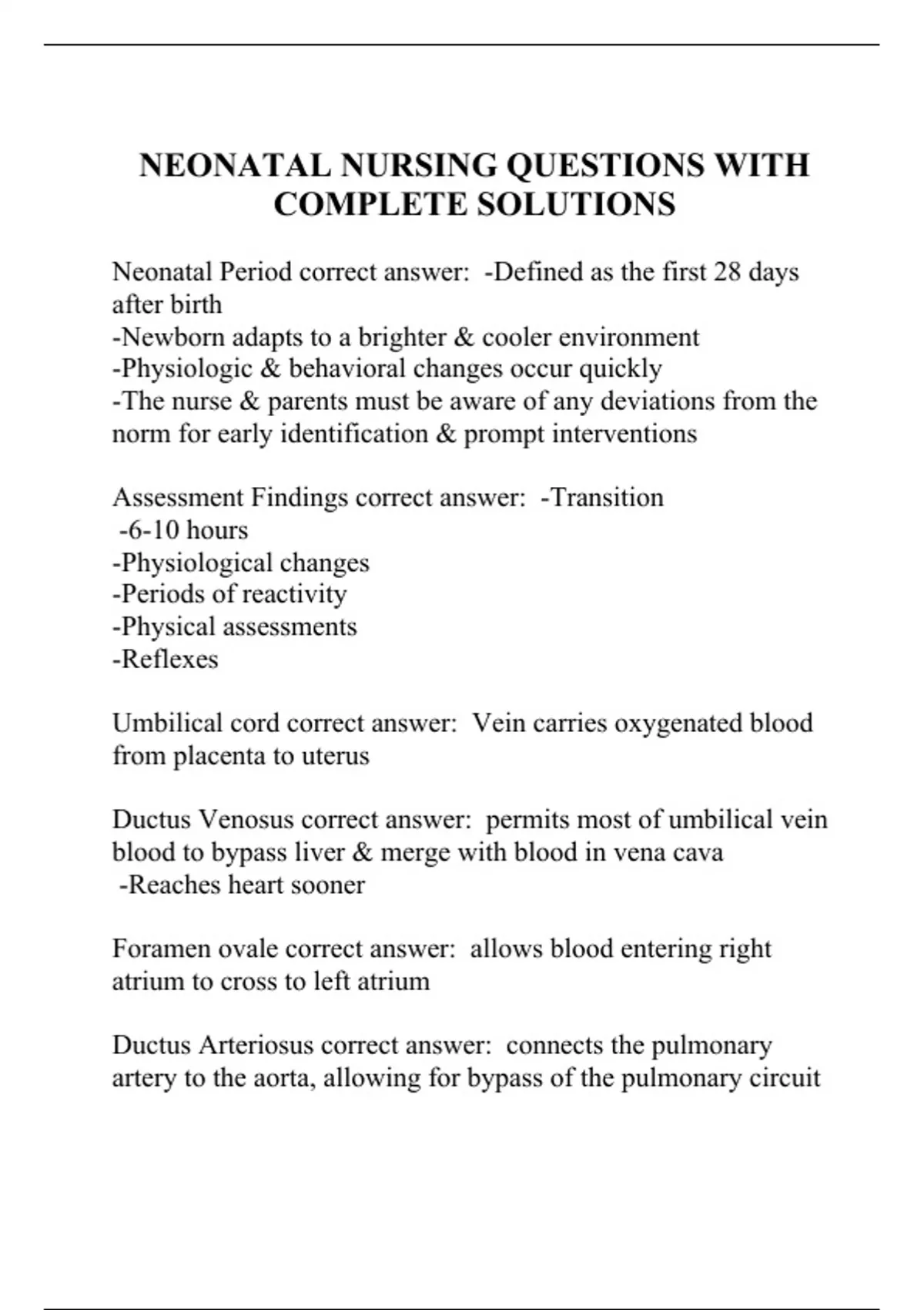NEONATAL NURSING QUESTIONS WITH COMPLETE SOLUTIONS - NICU - Stuvia US