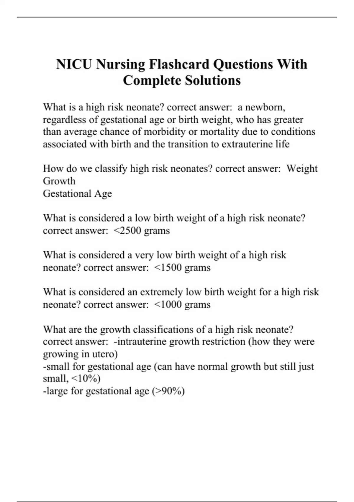 NICU Nursing Flashcard Questions With Complete Solutions - NICU - Stuvia US