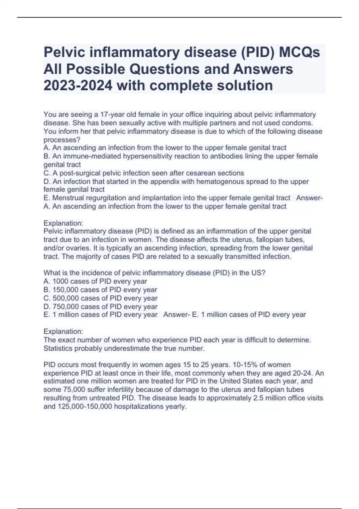 Pelvic inflammatory disease (PID) MCQs All Possible Questions and ...