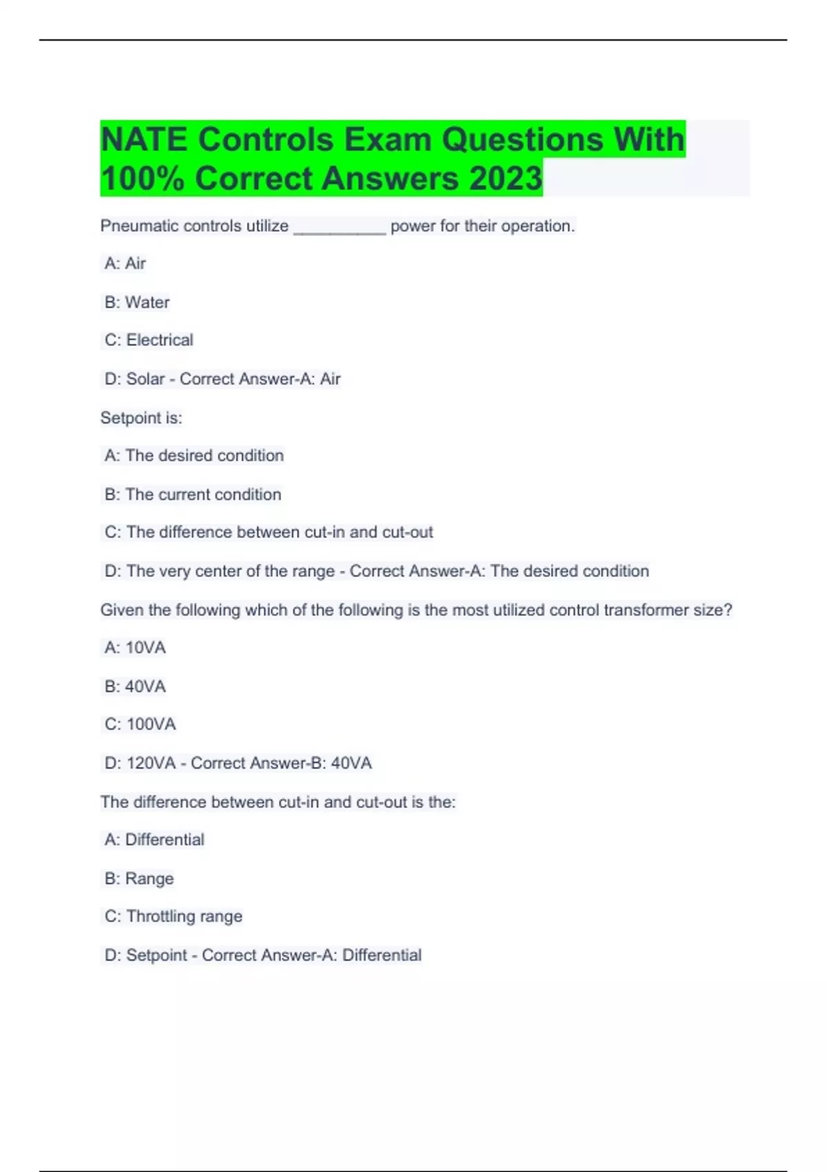 NATE Controls Exam Questions With 100% Correct Answers 2023 - NATE ...