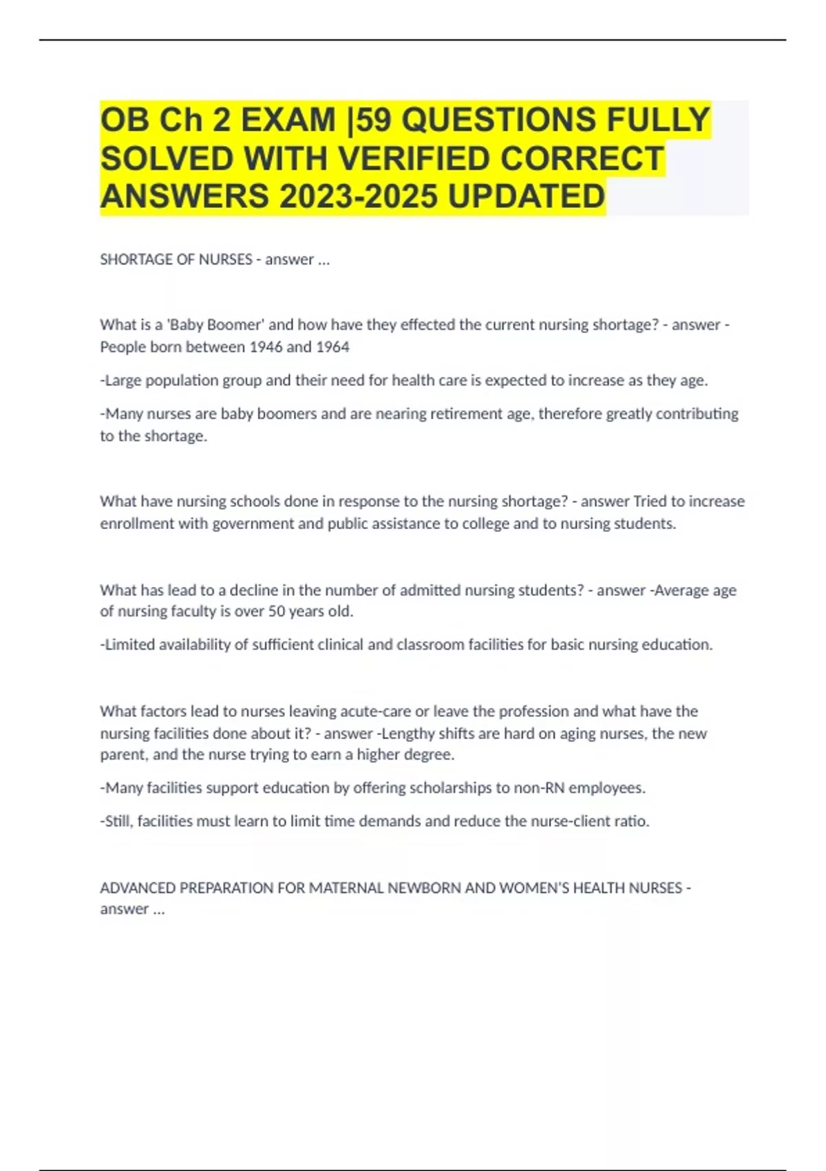 OB Ch 2 EXAM |59 QUESTIONS FULLY SOLVED WITH VERIFIED CORRECT ANSWERS ...