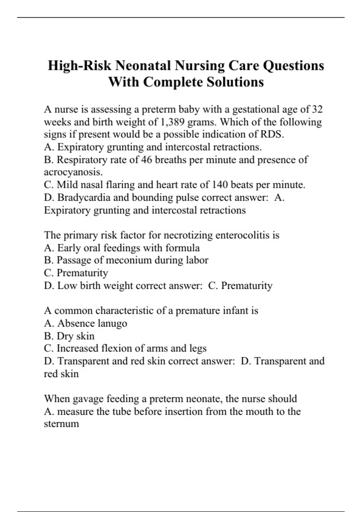 High-Risk Neonatal Nursing Care Questions With Complete Solutions ...