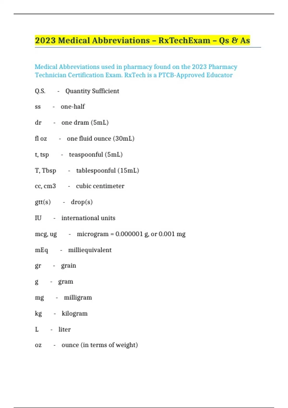 2023 Medical Abbreviations – RxTechExam – Qs & As - PTC - Stuvia US