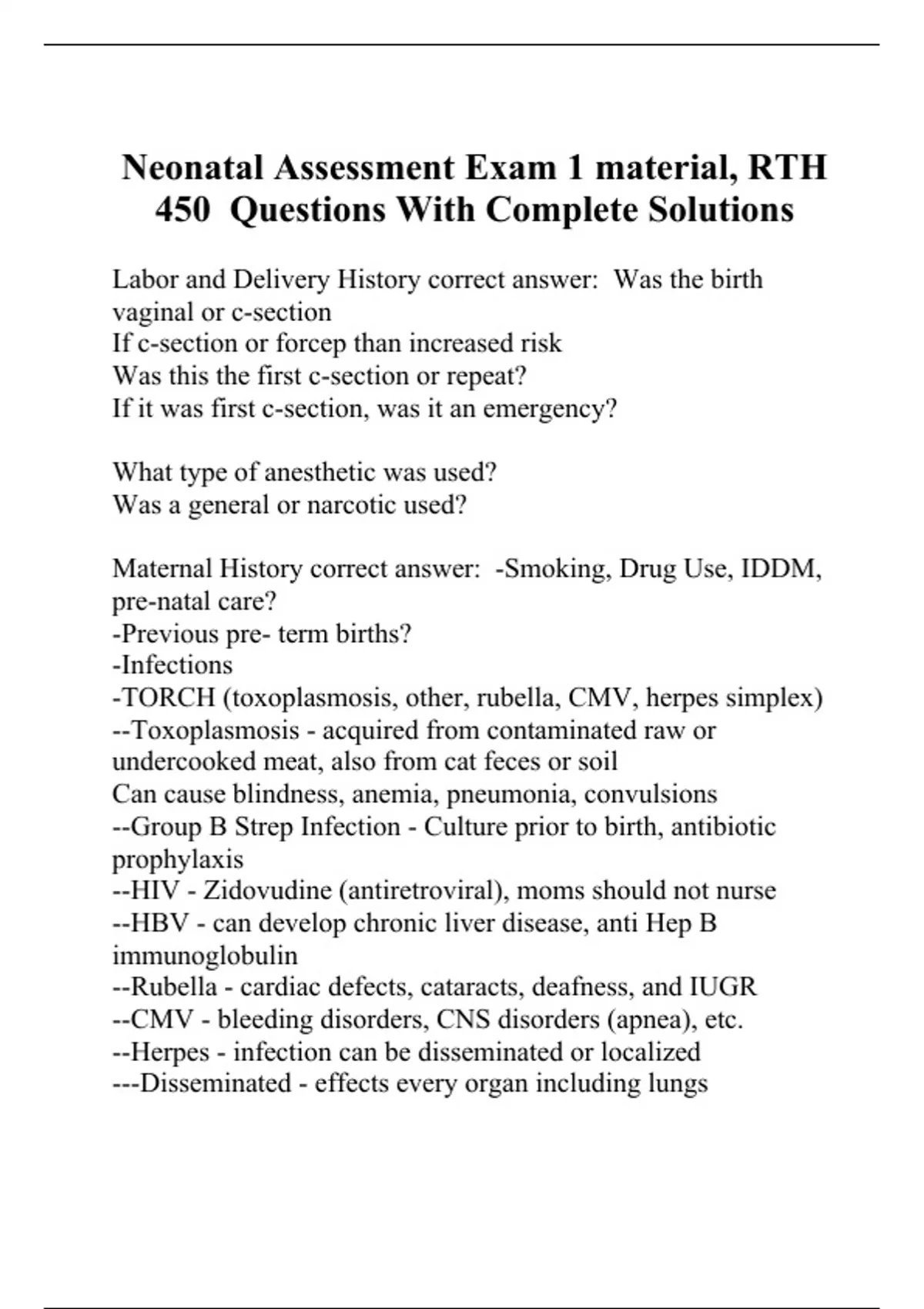 Neonatal Assessment Exam 1 material, RTH 450 Questions With Complete ...