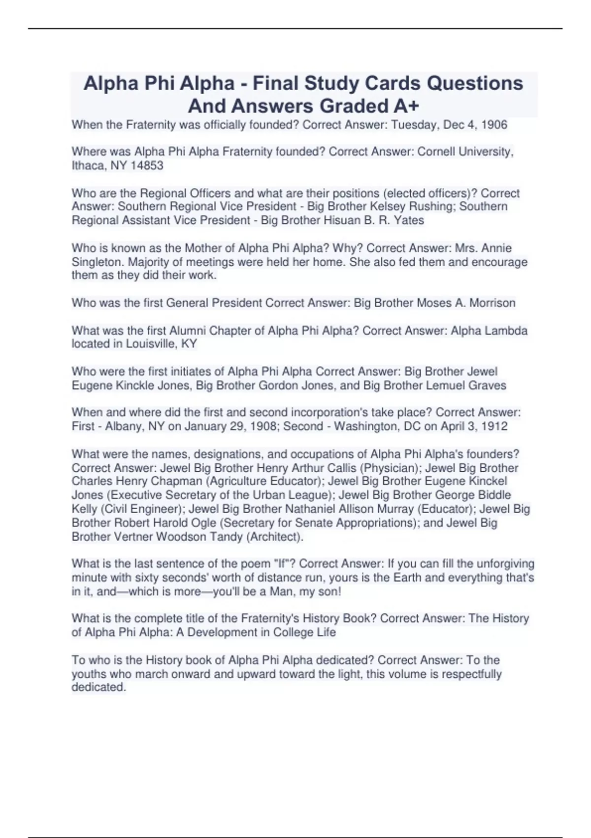 Alpha Phi Alpha - Final Study Cards Questions And Answers Graded A+ ...