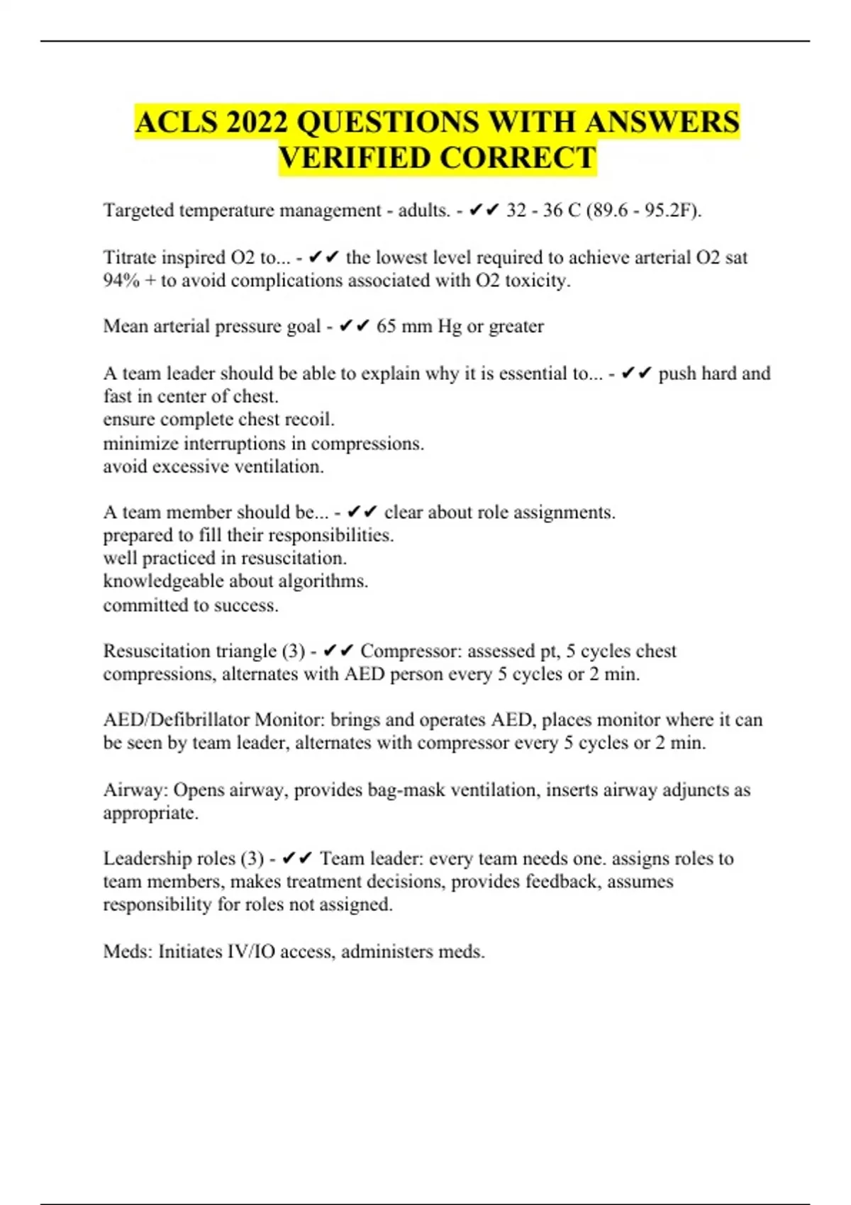 ACLS 2022 QUESTIONS WITH ANSWERS VERIFIED CORRECT - Acls - Stuvia US