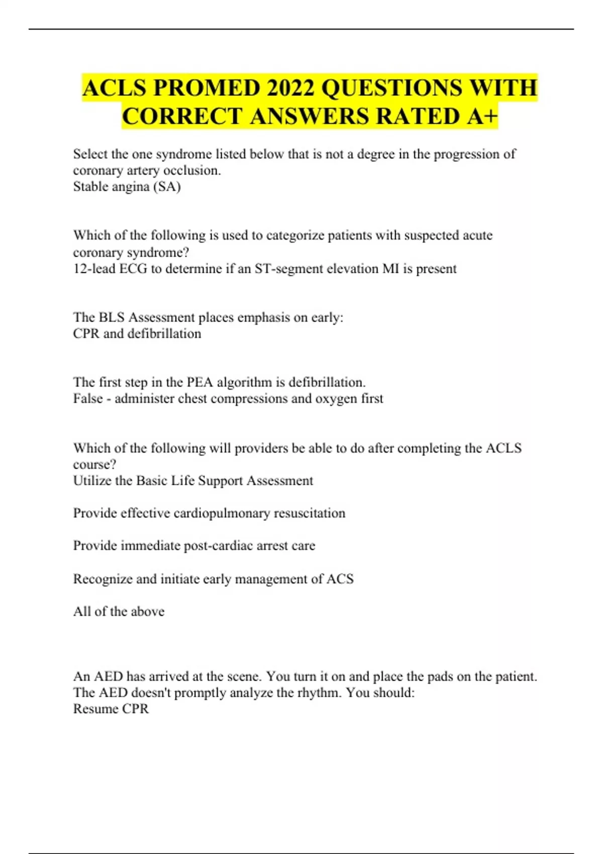 ACLS PROMED 2022 QUESTIONS WITH CORRECT ANSWERS RATED A+ - Acls - Stuvia US
