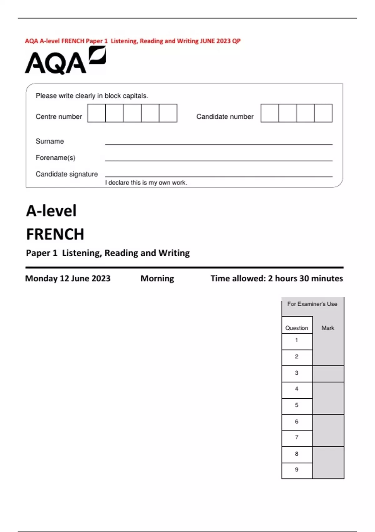 AQA A-level FRENCH Paper 1 Listening, Reading and Writing JUNE 2023 QP ...