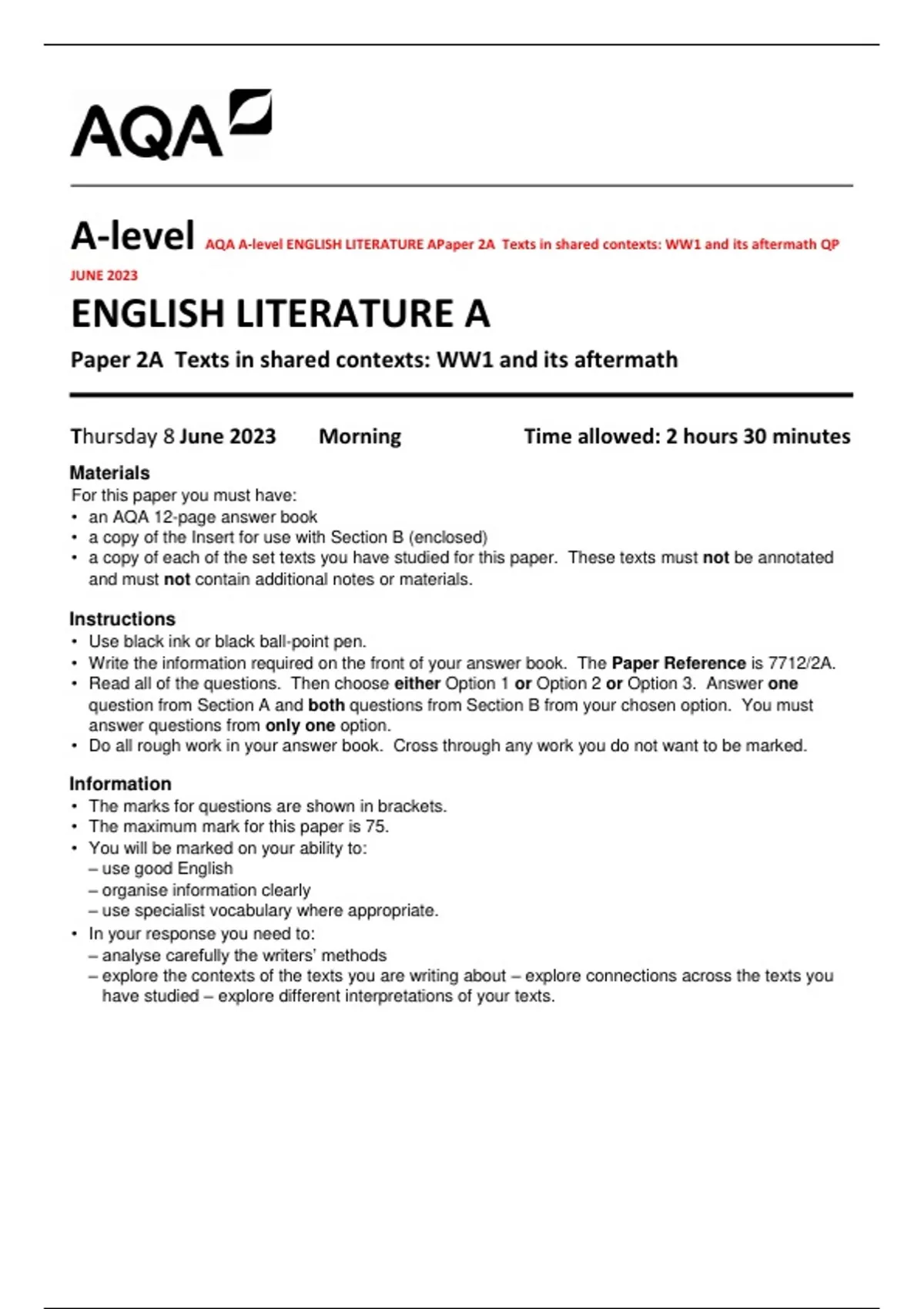 AQA A-level ENGLISH LITERATURE APaper 2A Texts in shared contexts: WW1 ...