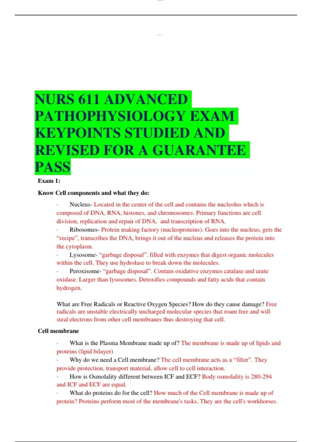 NURS 611 ADVANCED PATHOPHYSIOLOGY EXAM KEYPOINTS STUDIED AND REVISED ...