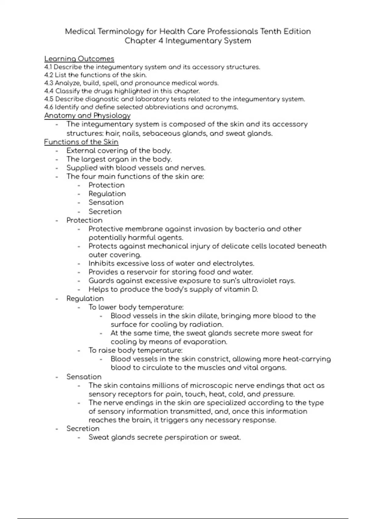Chapter 4 Integumentary System - Hlth 150 (HLTH150) - Stuvia US