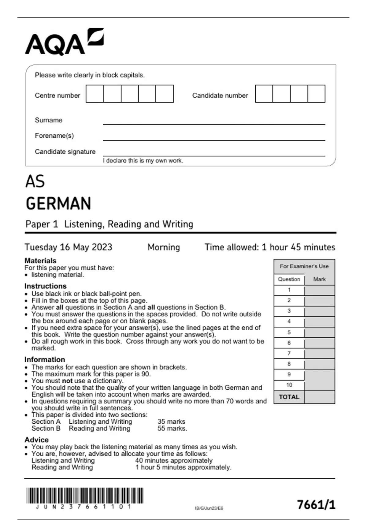 AQA AS GERMAN PAPER 1 QUESTION PAPER 2023 (7661/1 :listening reading ...