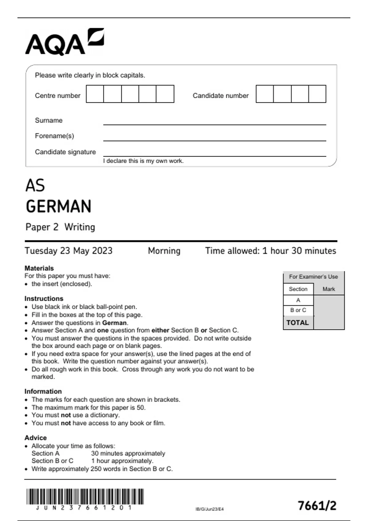 AQA AS GERMAN PAPER 2 QUESTION PAPER 2023 (7661/2 :writing) - AQA AS ...