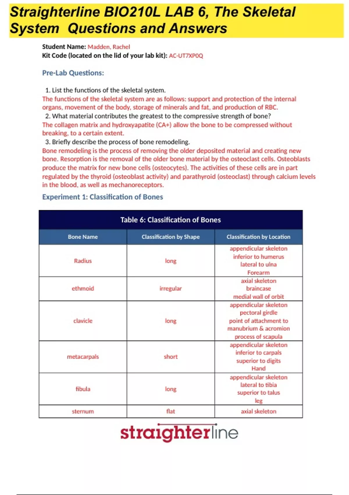 Straighterline BIO201L LAB 6, The Skeletal System Questions and Answers ...