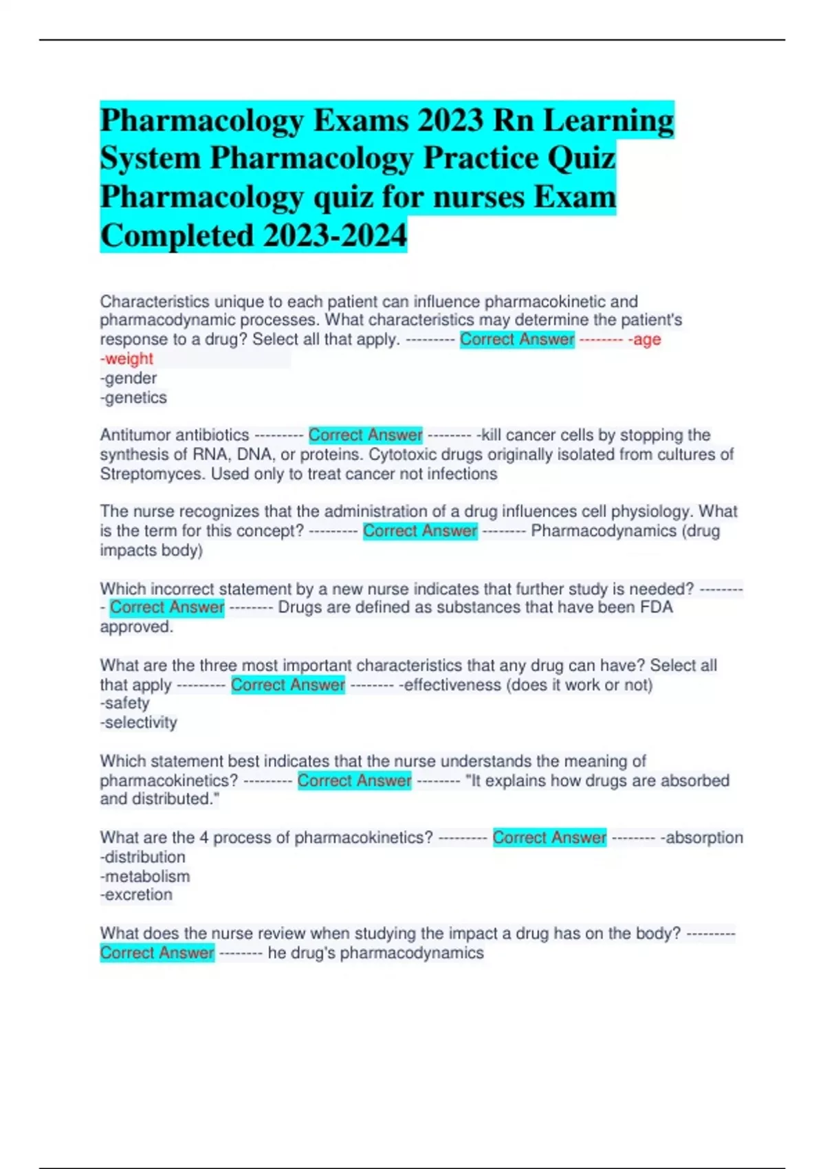 Pharmacology Exams 2023 Rn Learning System Pharmacology Practice Quiz ...