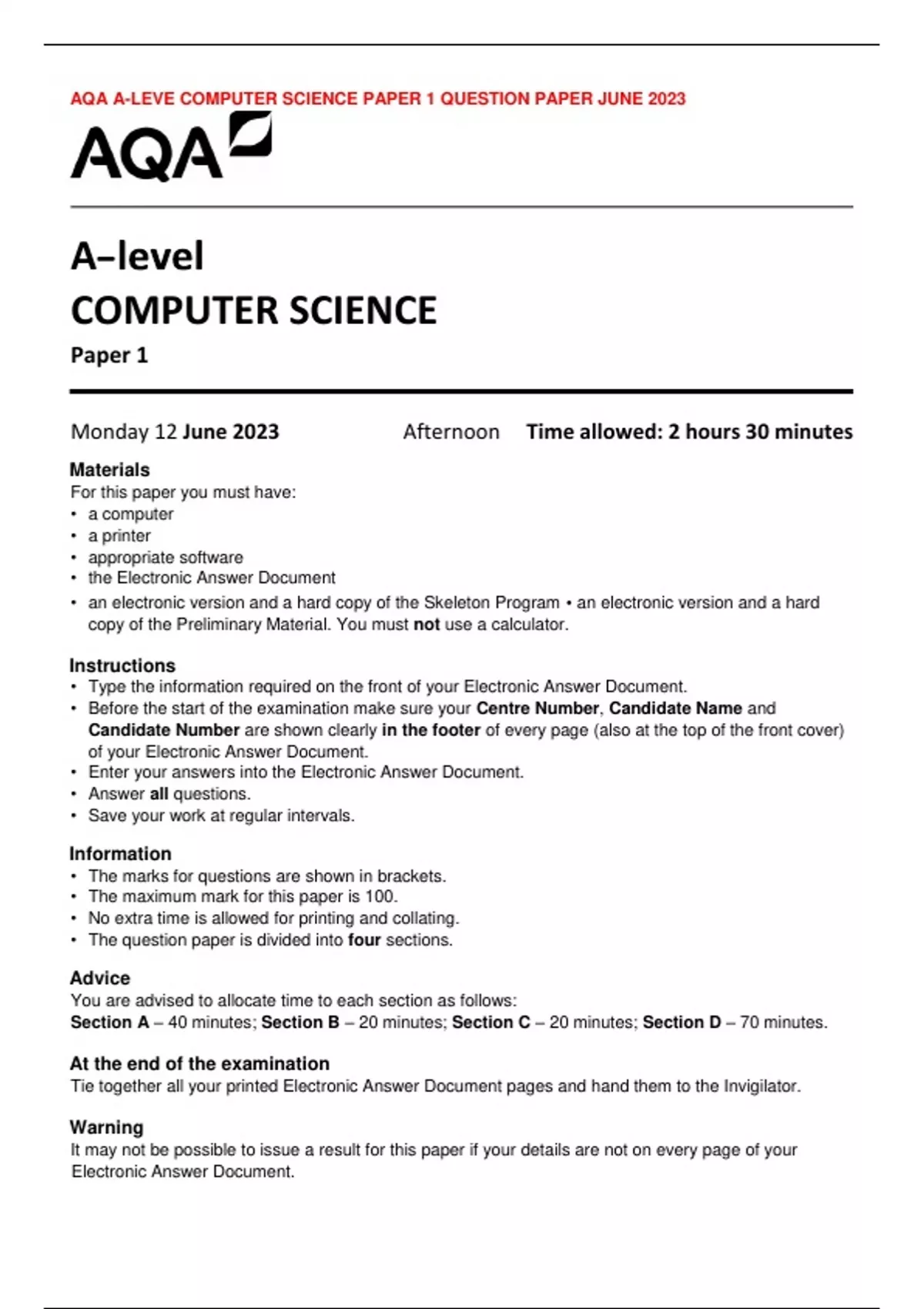 Aqa A Leve Computer Science Paper 1 Question Paper June 2023 Aqa Stuvia Us
