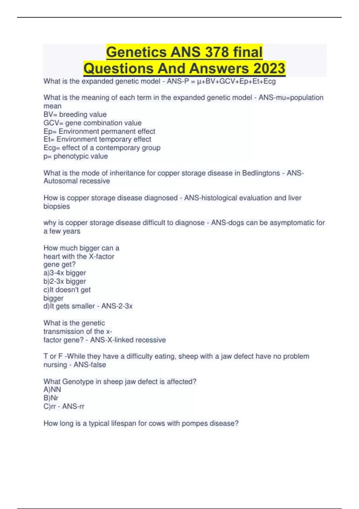 Genetics ANS 378 final Questions And Answers 2023 - Genetics ANS 378 ...