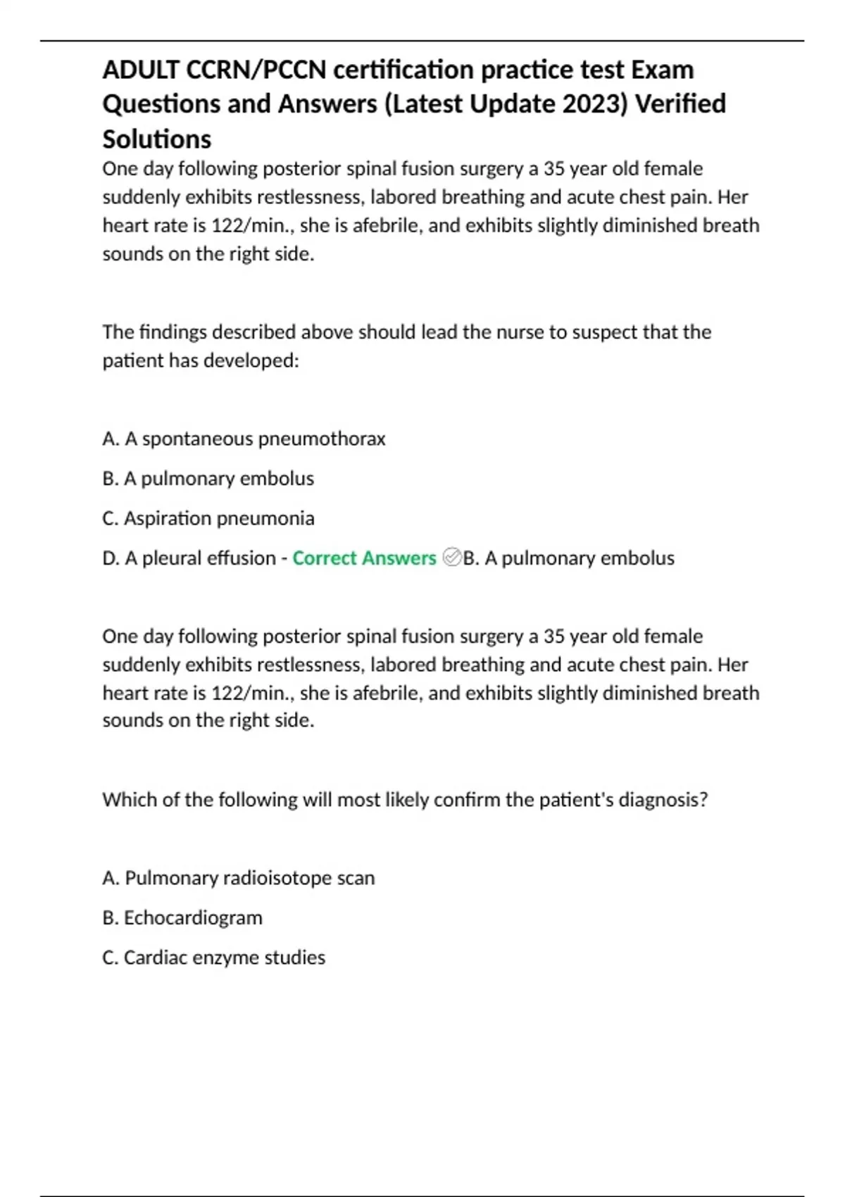 ADULT CCRN/PCCN certification practice test Exam Questions and Answers ...