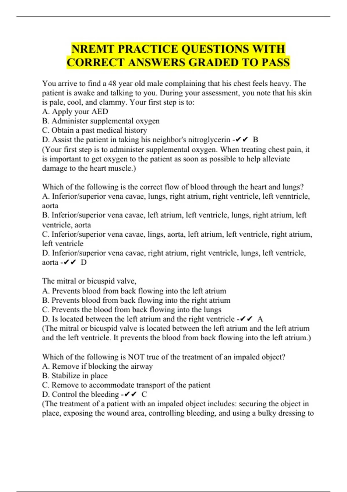Nremt Practice Questions With Correct Answers Graded To Pass Nremt Stuvia Us