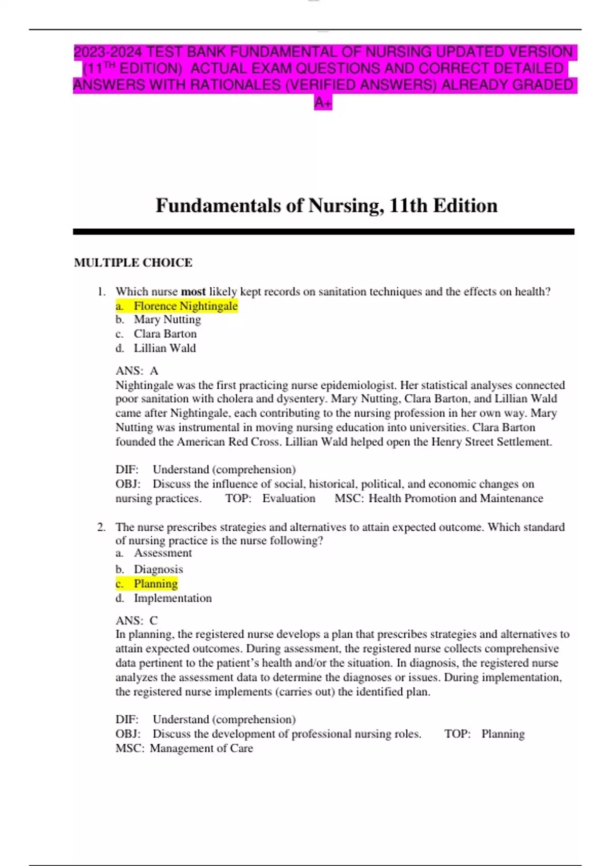 TEST BANK FUNDAMENTAL OF NURSING UPDATED VERSION (11TH EDITION) ACTUAL ...