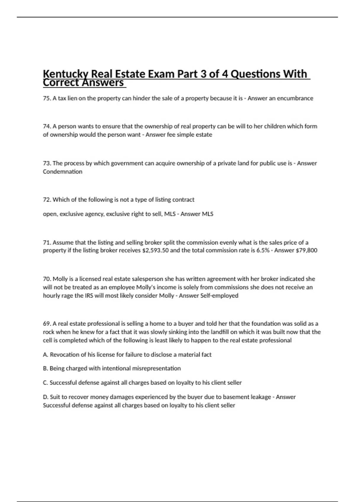 Kentucky Real Estate Exam Part 3 of 4 Questions With Correct Answers ...