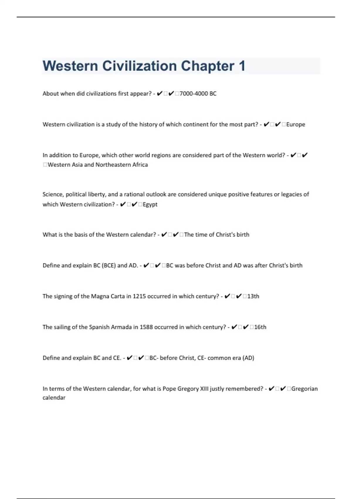 Western Civilization Chapter 1|102 Review | Questions with 100% Correct ...