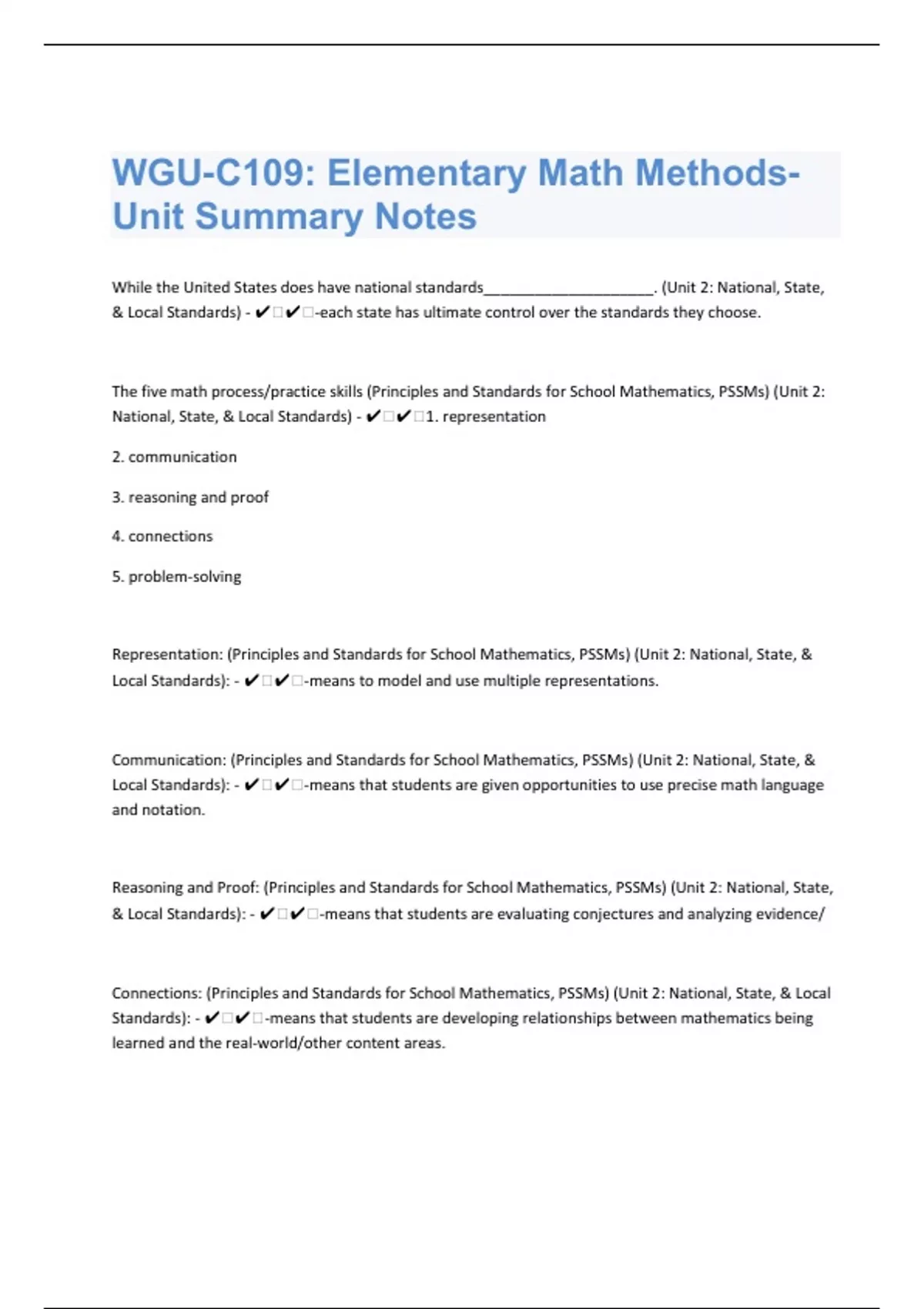 WGU-C109: Elementary Math Methods-Unit Summary |46 Questions with 100% ...
