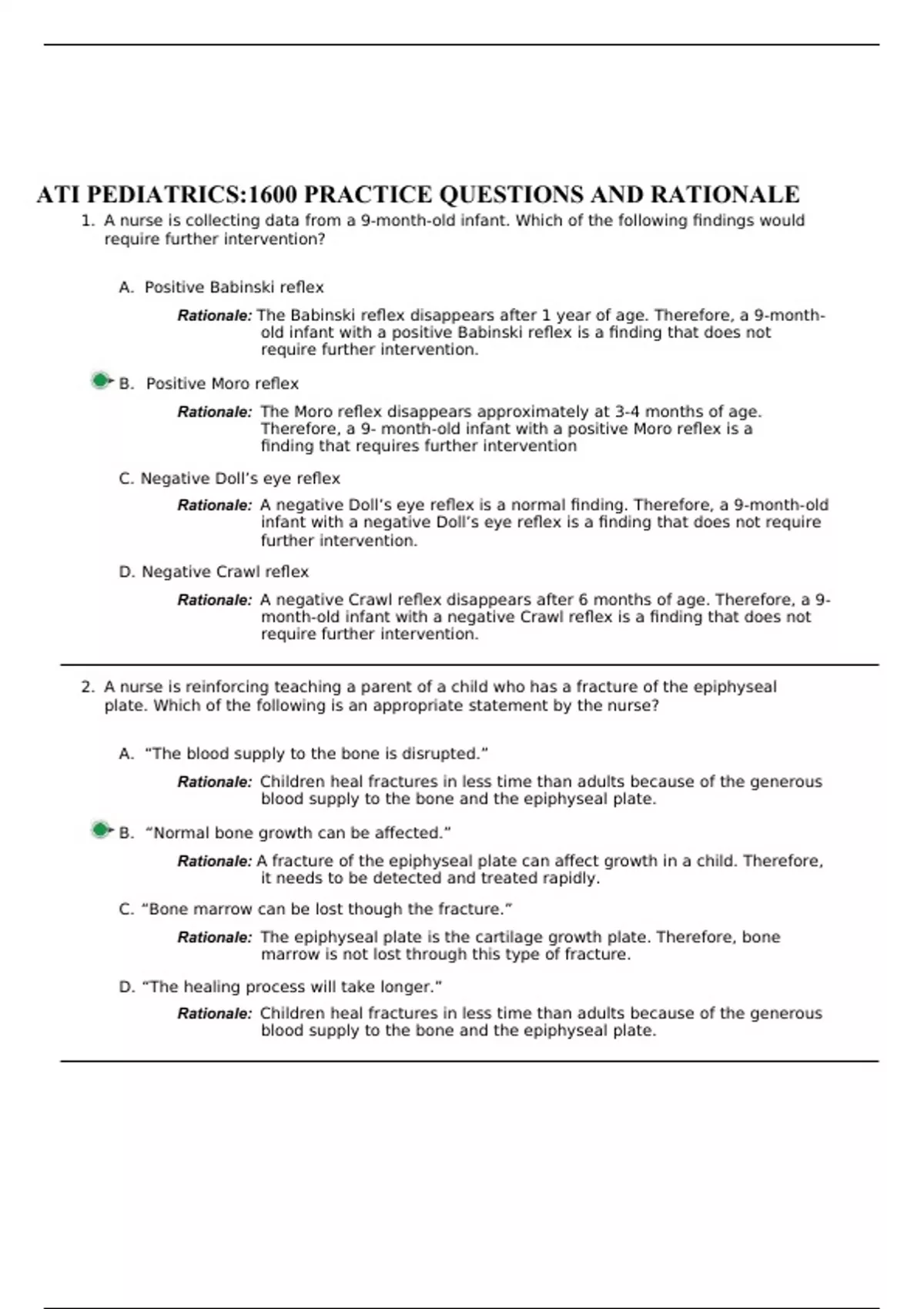 ATI PEDIATRICS:1600 PRACTICE QUESTIONS AND RATIONALE - ATI PEDIATRICS ...