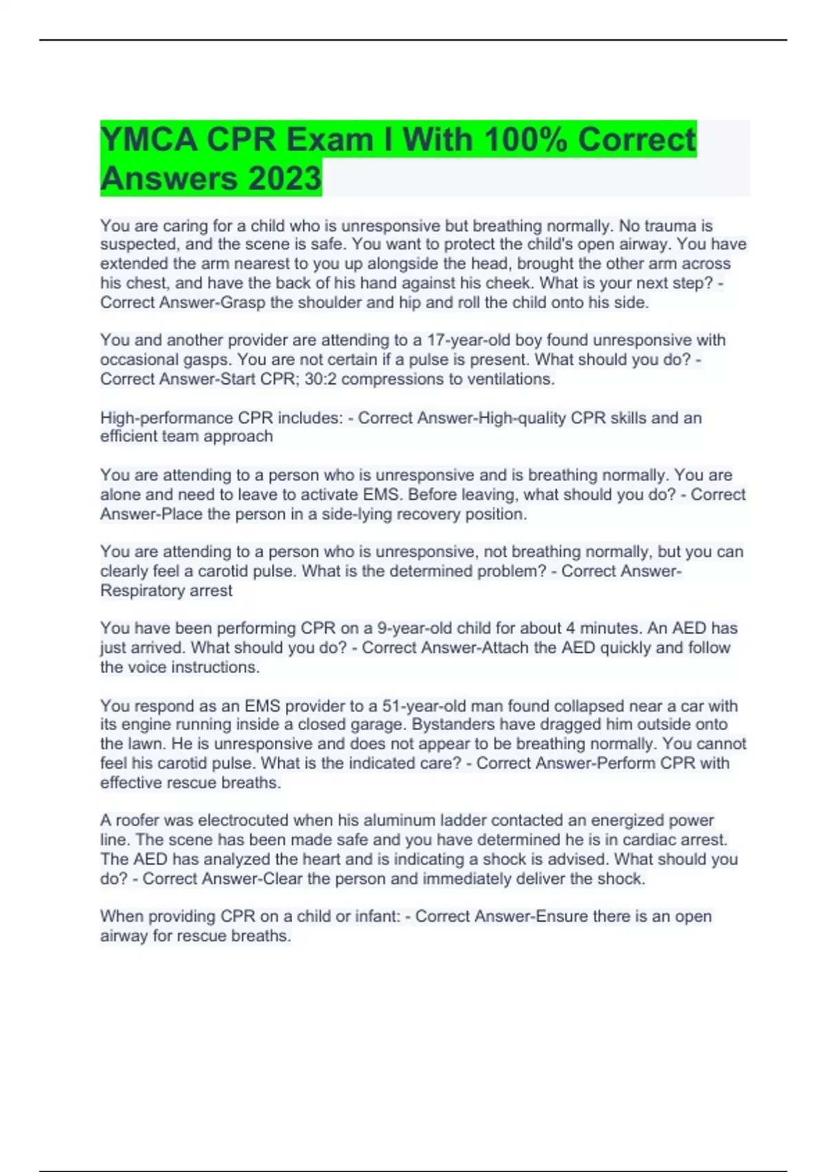 YMCA CPR Exam I With 100% Correct Answers 2023 - YMCA CPR - Stuvia US