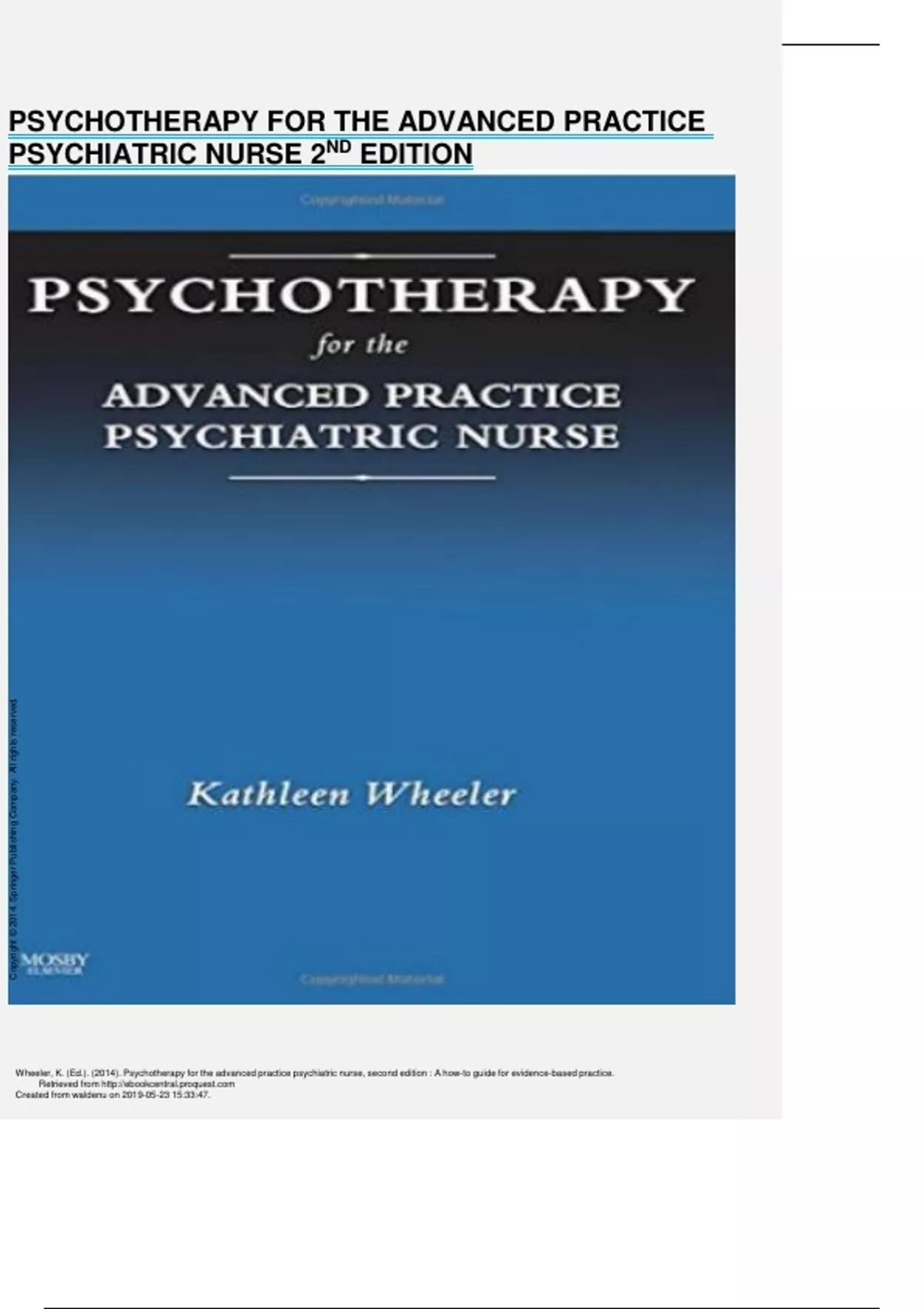 PSYCHOTHERAPY FOR THE ADVANCED PRACTICE PSYCHIATRIC NURSE 2ND EDITION ...
