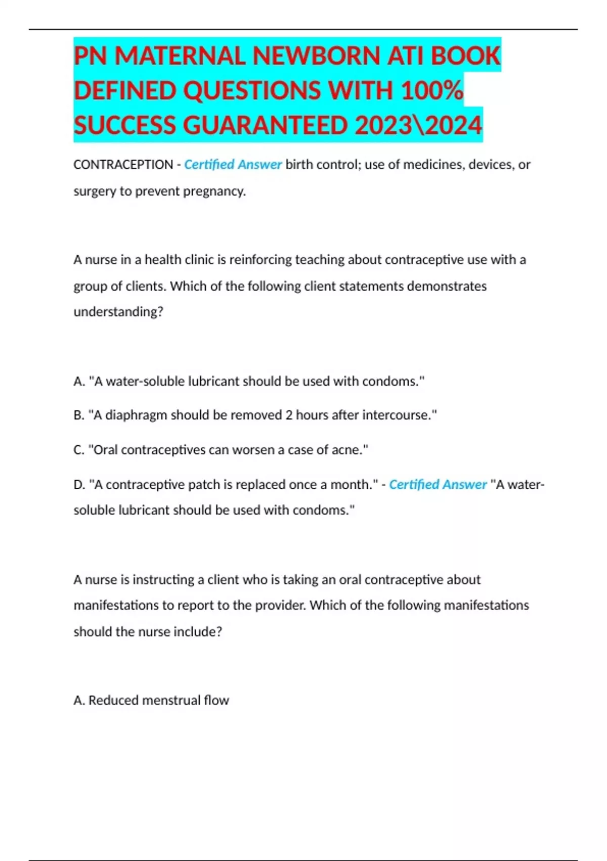 PN MATERNAL NEWBORN ATI BOOK DEFINED QUESTIONS WITH 100% SUCCESS ...